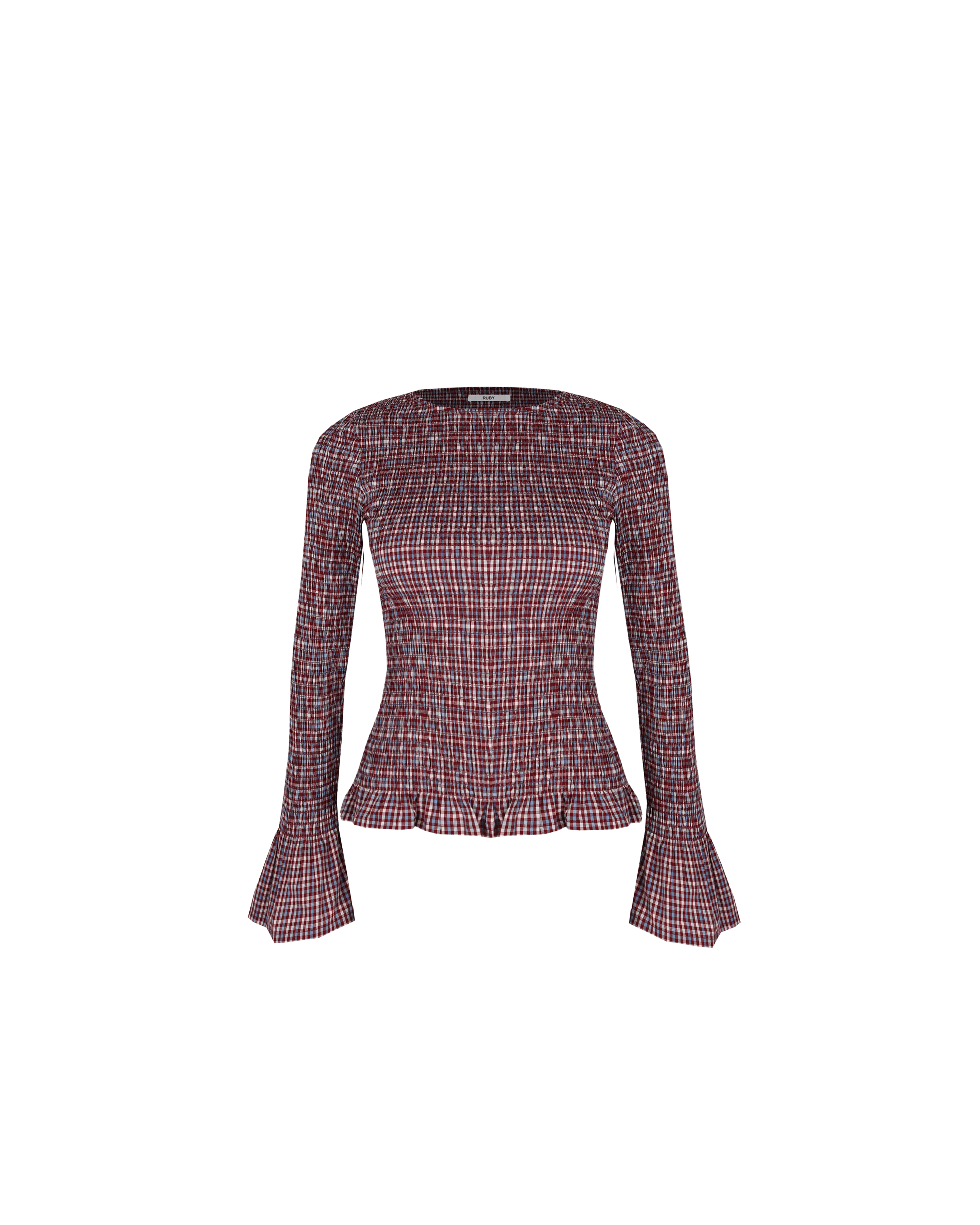 SKY SHIRRED LONG SLEEVE BLUE WINE GINGHAM | RUBY