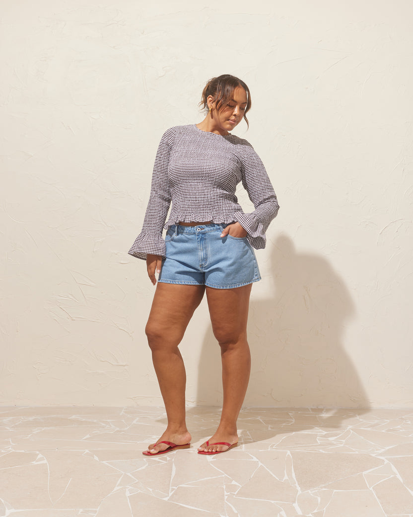 SKY SHIRRED LONG SLEEVE JAVA GINGHAM | RUBY