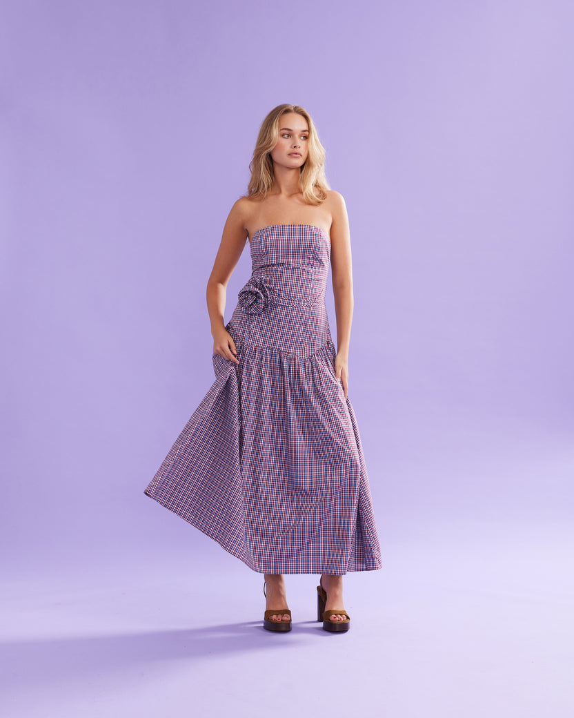 TRULLI MAXI DRESS BLUE WINE GINGHAM | RUBY