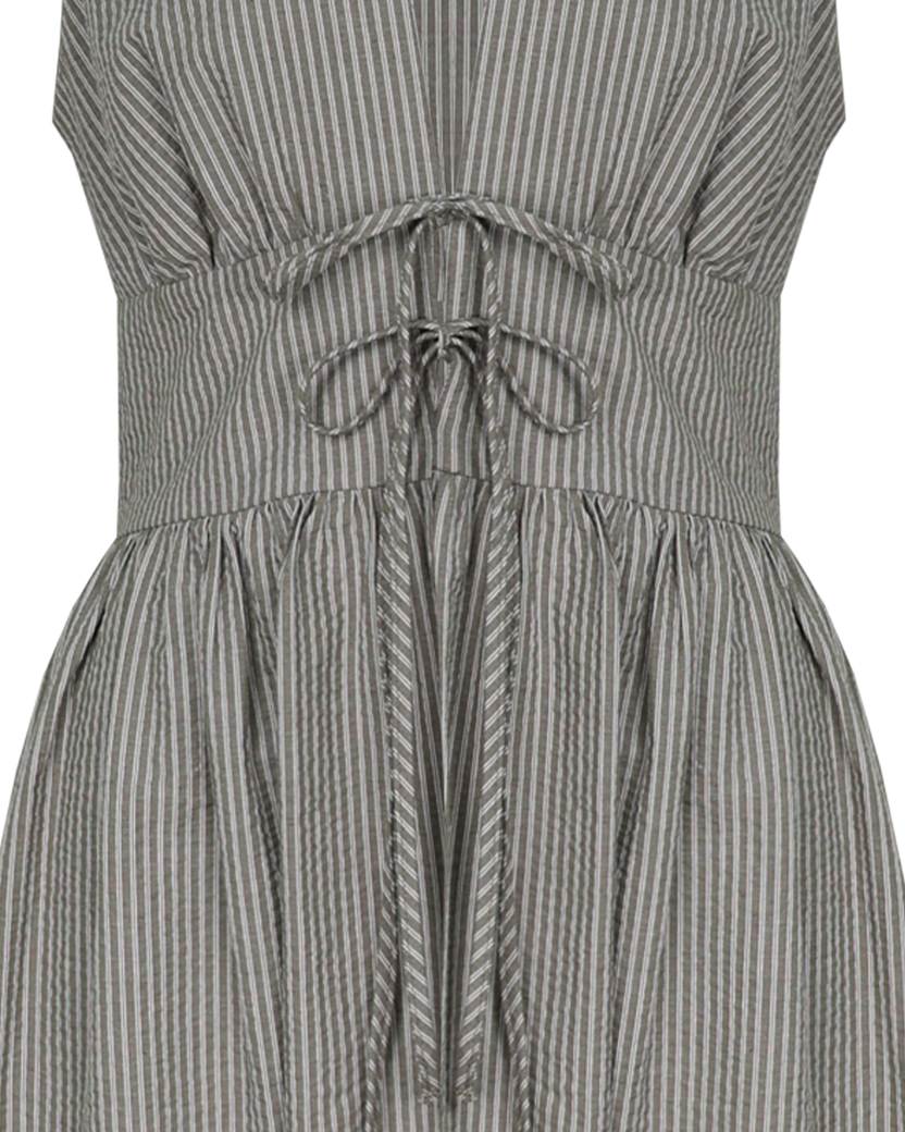 BENNY TIE DRESS KHAKI STRIPE | RUBY