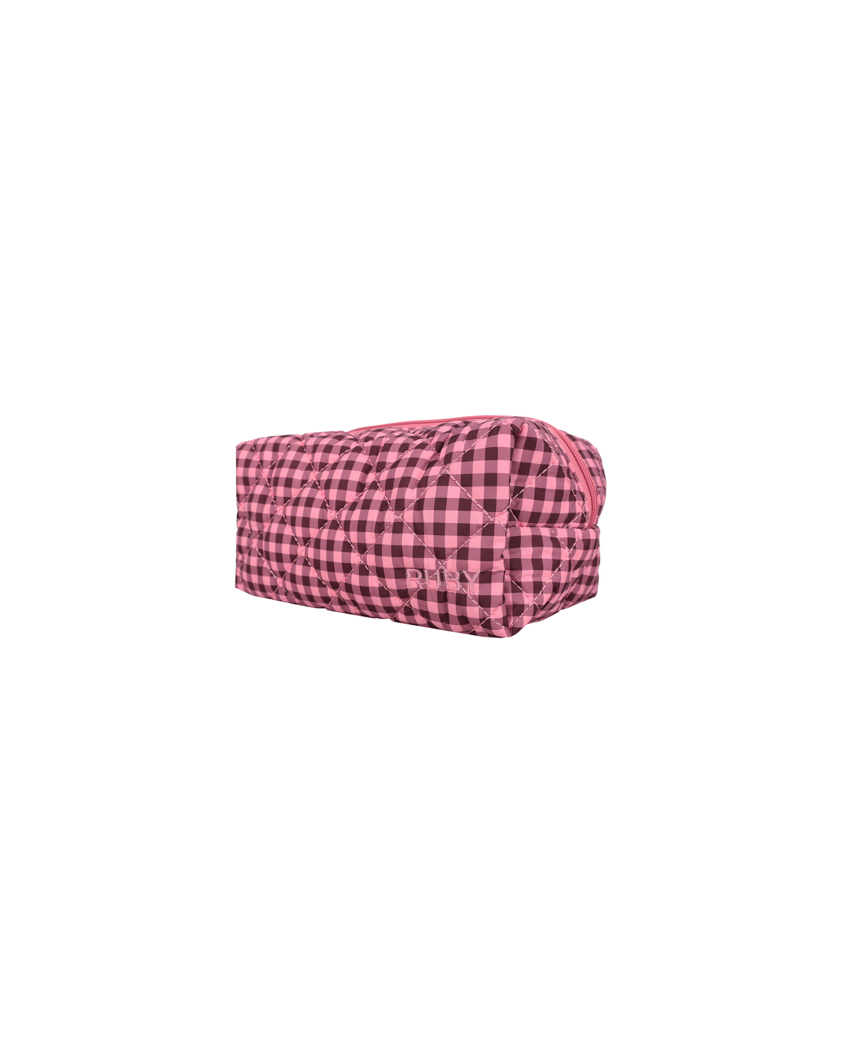 QUILTED COSMETIC BAG PINK BURGUNDY GINGHAM | RUBY
