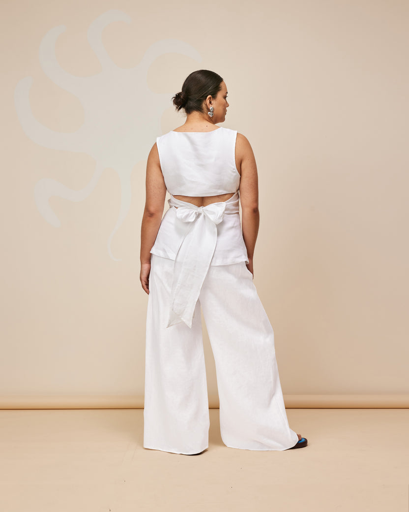 AVA LINEN BOW TOP WHITE | RUBY