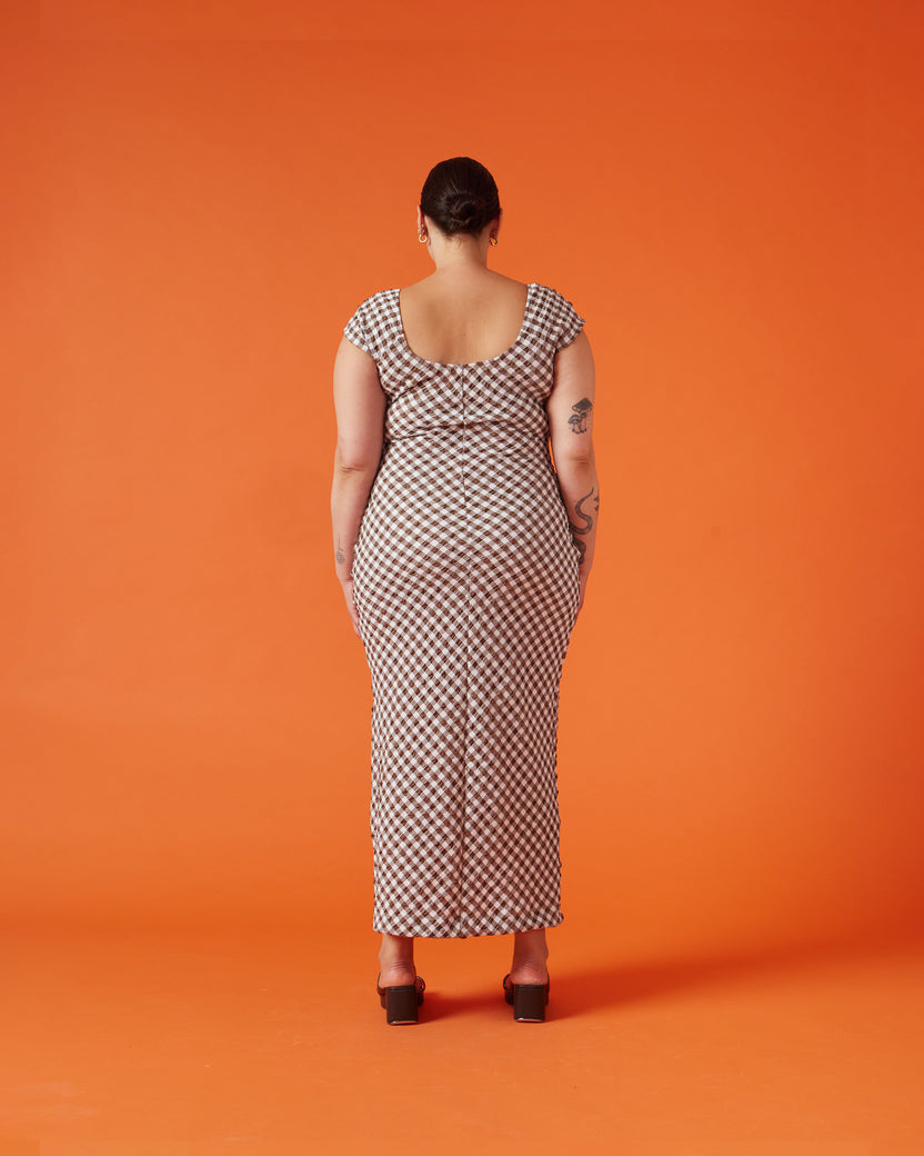 PRISM MIDI DRESS BROWN GINGHAM | RUBY