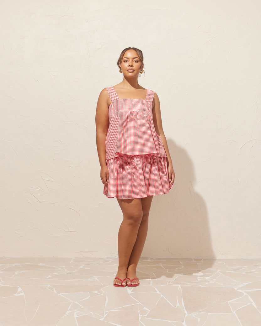 MARGIE TIE-BACK TOP RED GINGHAM | RUBY