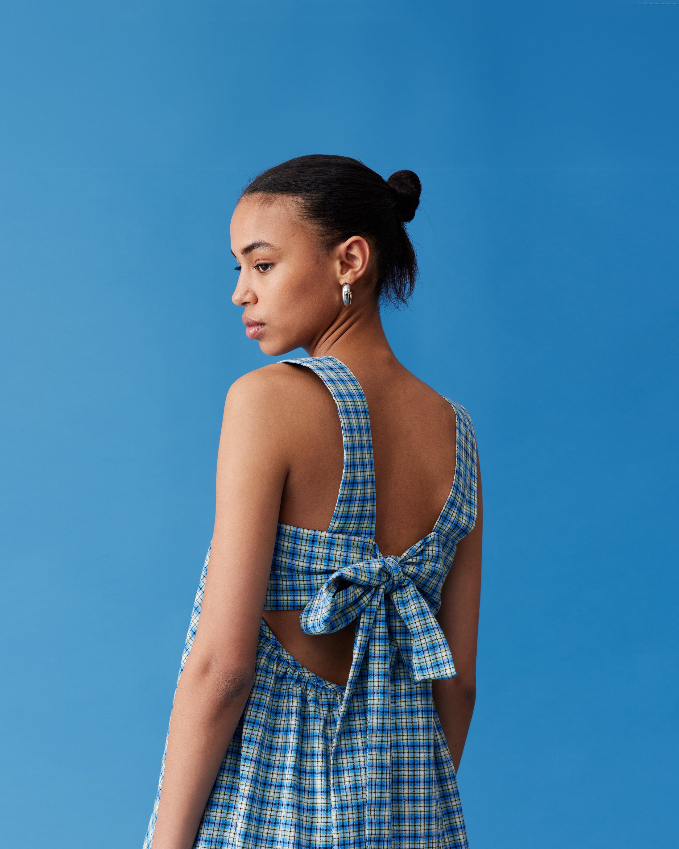 MARGIE TIE MINI DRESS BLUE YELLOW CHECK | RUBY