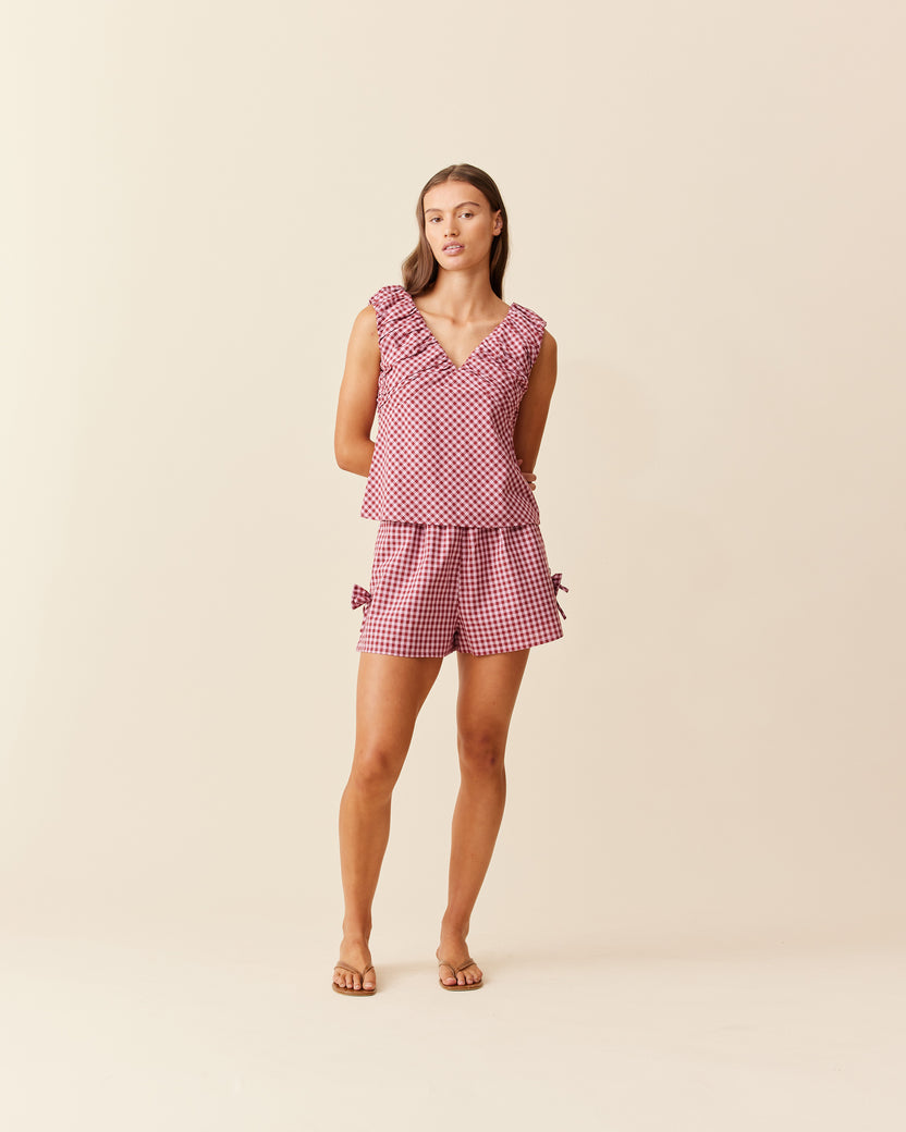 RAQUEL BOW SHORT PINK BURGUNDY GINGHAM | RUBY