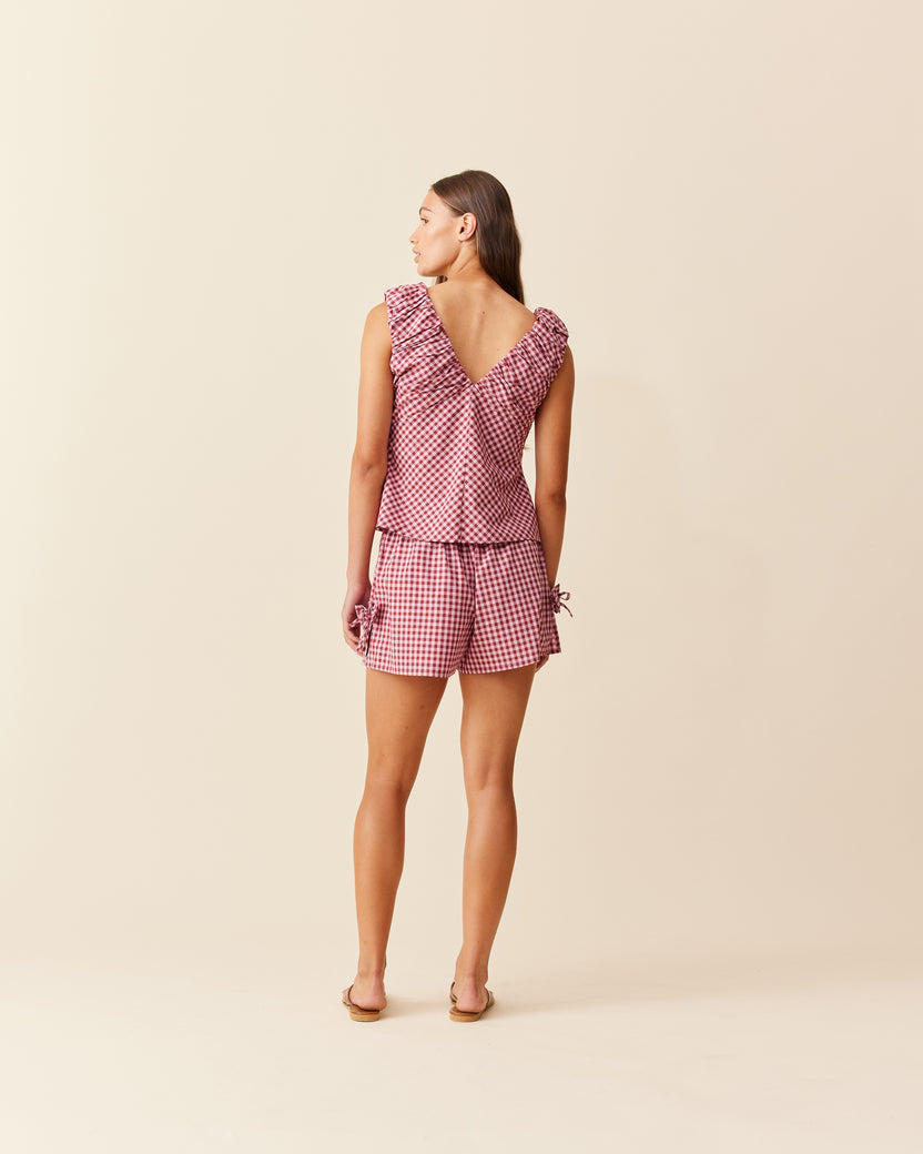RAQUEL BOW SHORT PINK BURGUNDY GINGHAM | RUBY