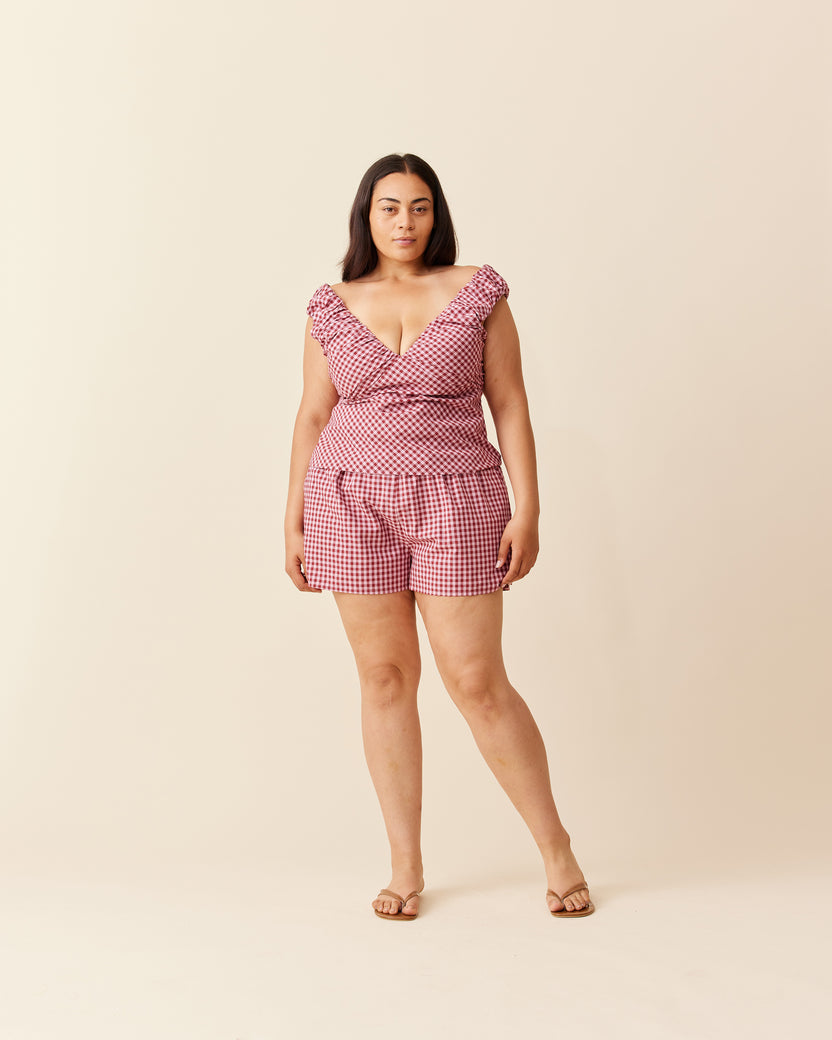 RAQUEL BOW SHORT PINK BURGUNDY GINGHAM | RUBY