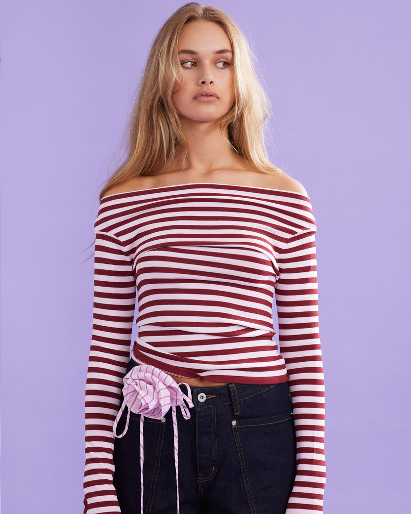 EMMA KNIT LONG SLEEVE BURGUNDY PINK STRIPE | RUBY