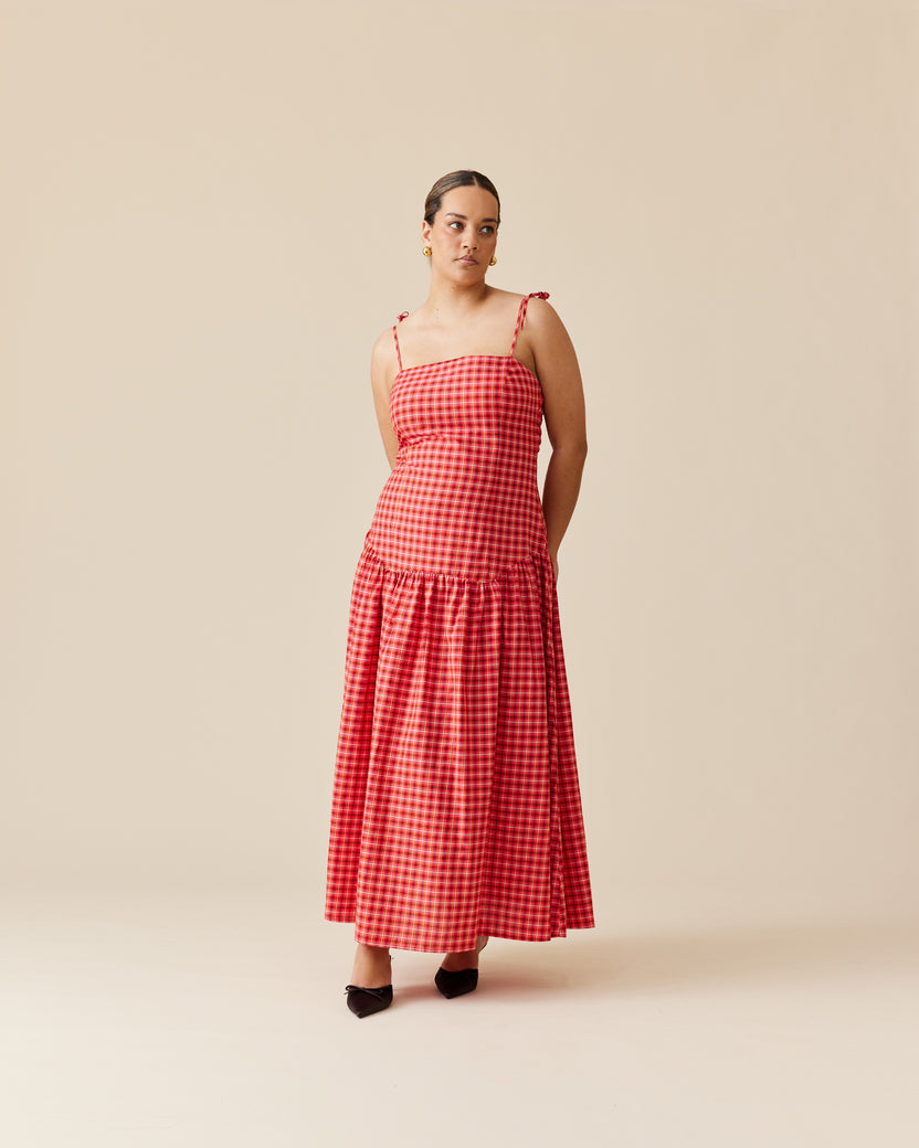 TRULLI MAXI DRESS RED TARTAN | RUBY