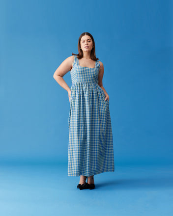 TULIP MAXI DRESS BLUE YELLOW CHECK | RUBY