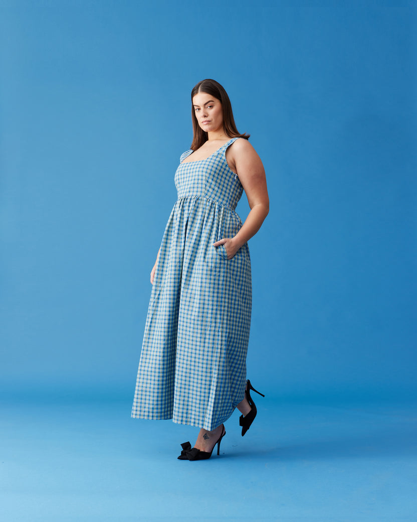 TULIP MAXI DRESS BLUE YELLOW CHECK | RUBY