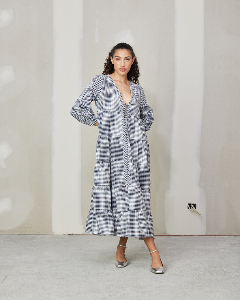 WREN TIERED MAXI DRESS NAVY GINGHAM | RUBY