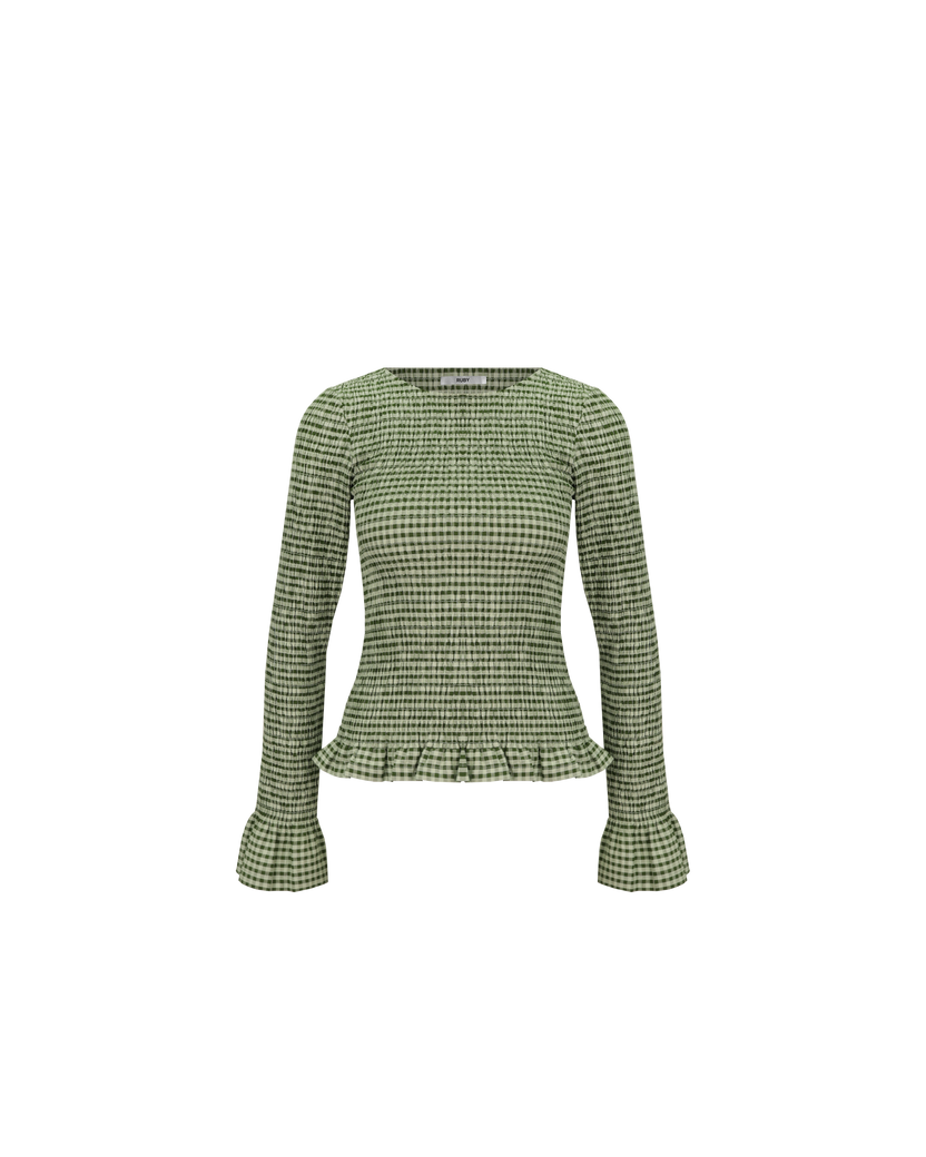 SKY SHIRRED LONG SLEEVE FOREST GINGHAM | RUBY